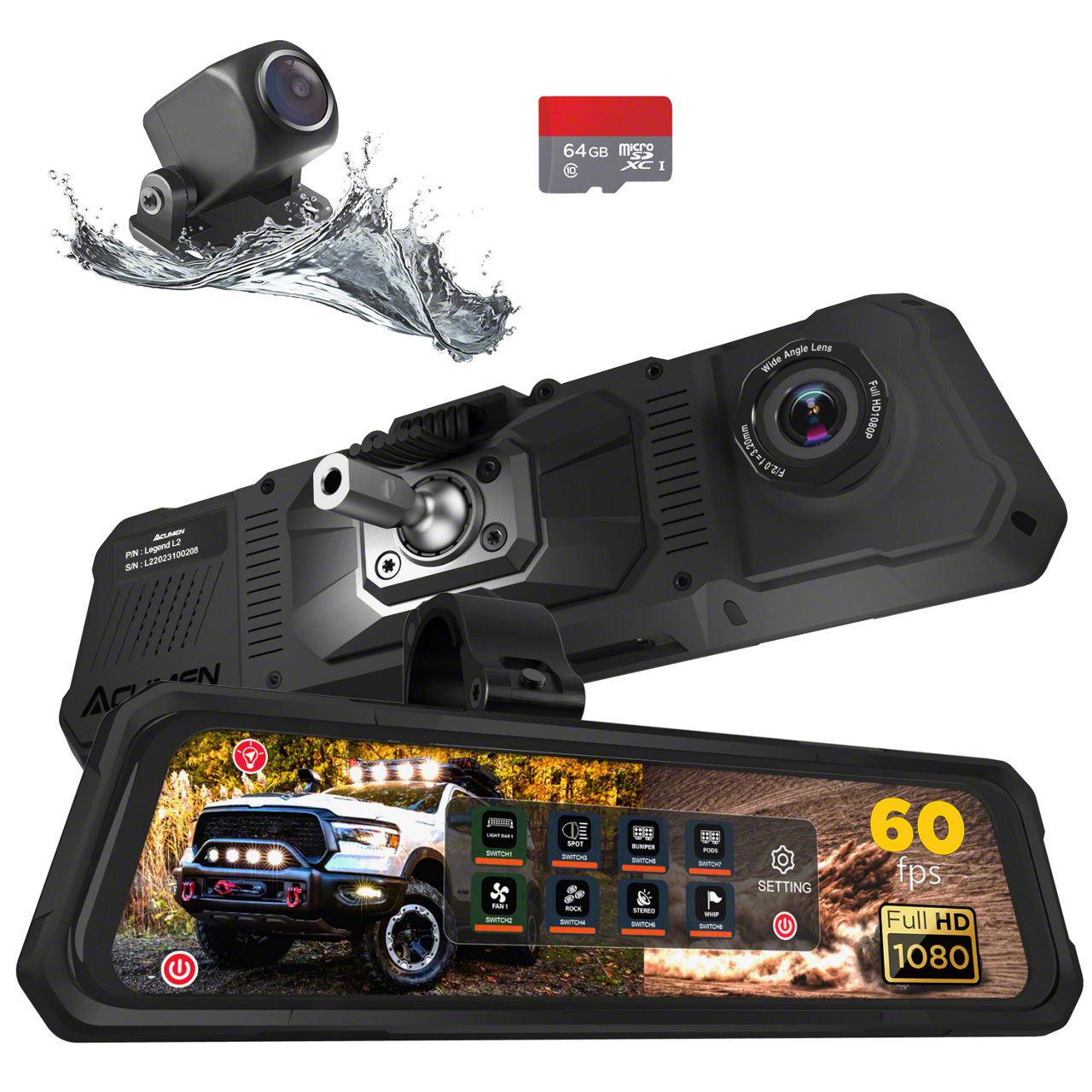 Acumen Tacoma The Legend Mirror Dash Cam with 3 Cameras and 8-Gang ...