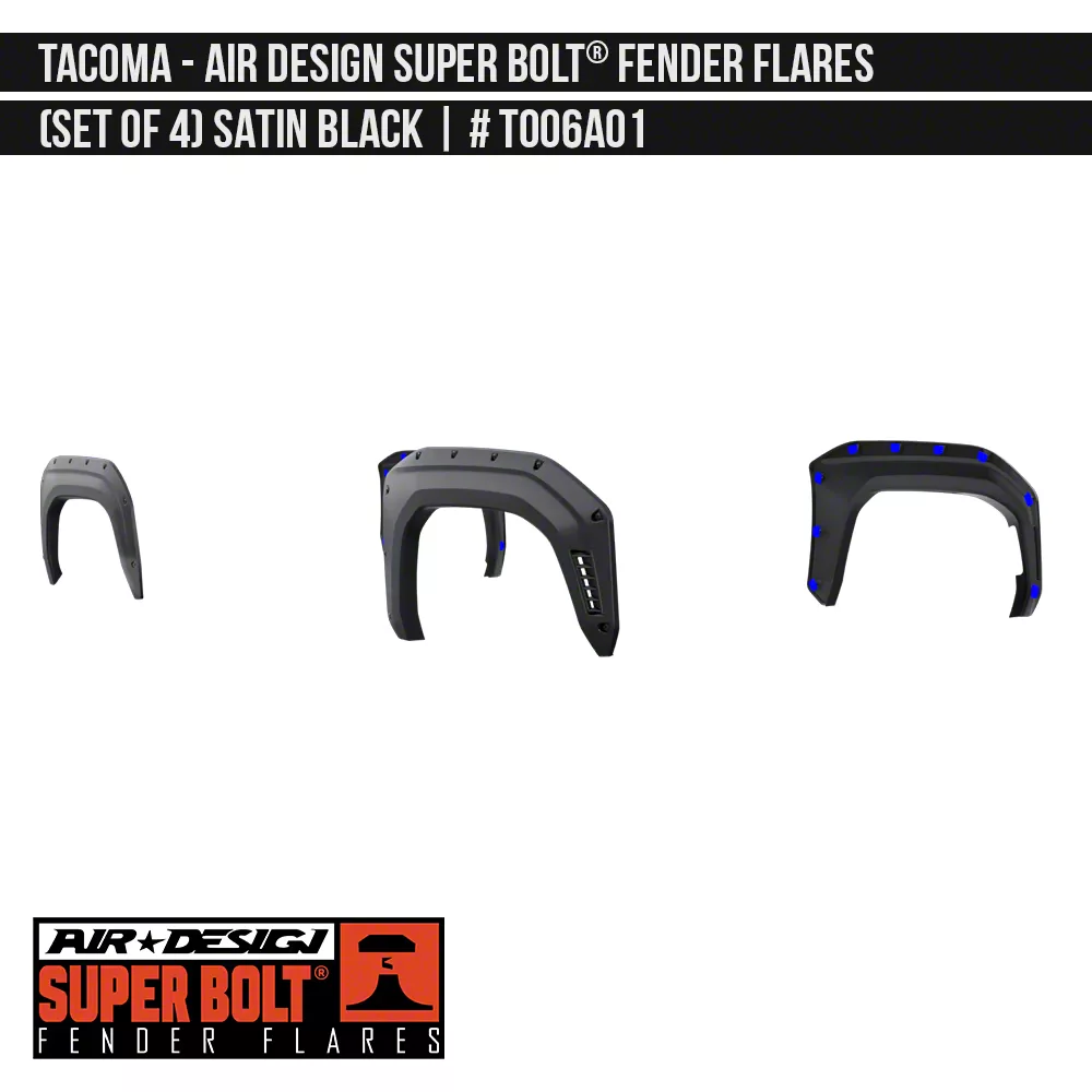 Air Design Tacoma Super Bolt Fender Flares; Satin Black TO06A01 (24-26 ...