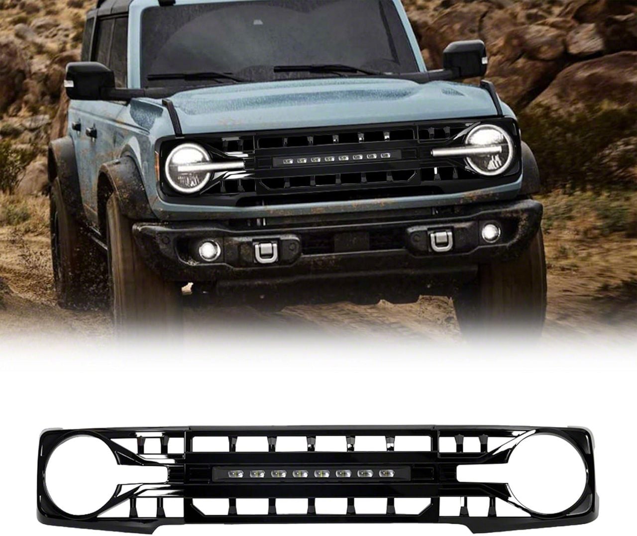 American Modified Bronco Armor Grille with Off-Road Lights; Glossy ...