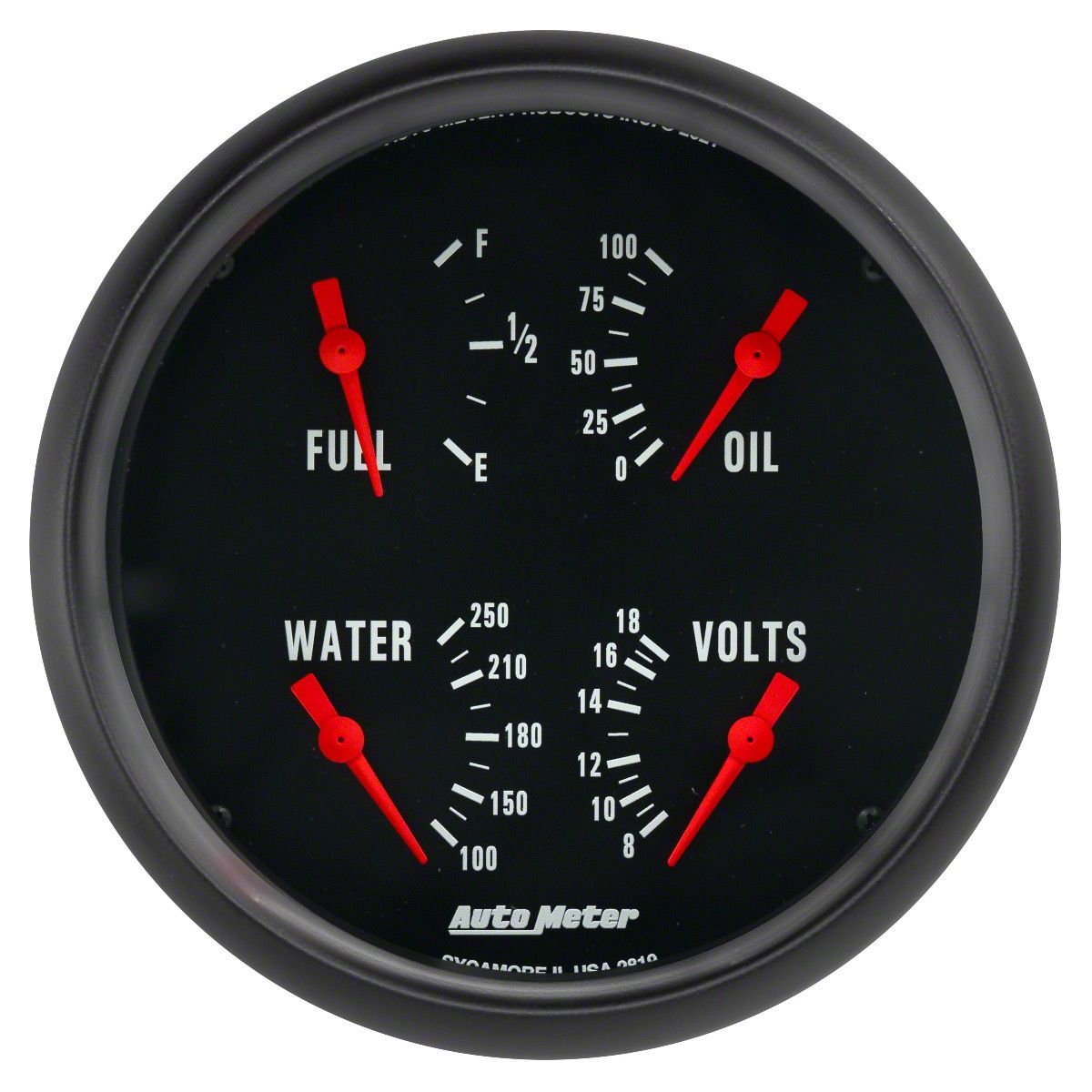 Auto Meter Jeep Wrangler Z-Series 5-Inch Quad Gauge; 0 ohm Empty to 90 ...