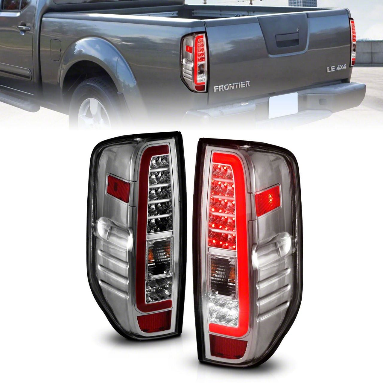 Frontier Light Bar LED Tail Lights; Chrome Housing; Clear Lens (05-21 ...