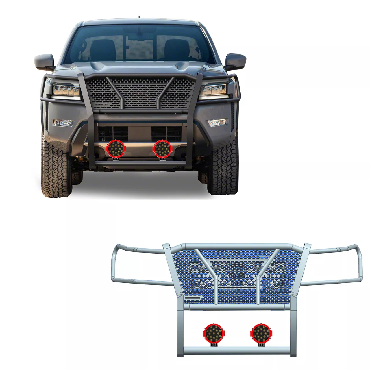 Frontier Rugged Heavy Duty Grille Guard with 7-Inch Red Round Flood LED ...