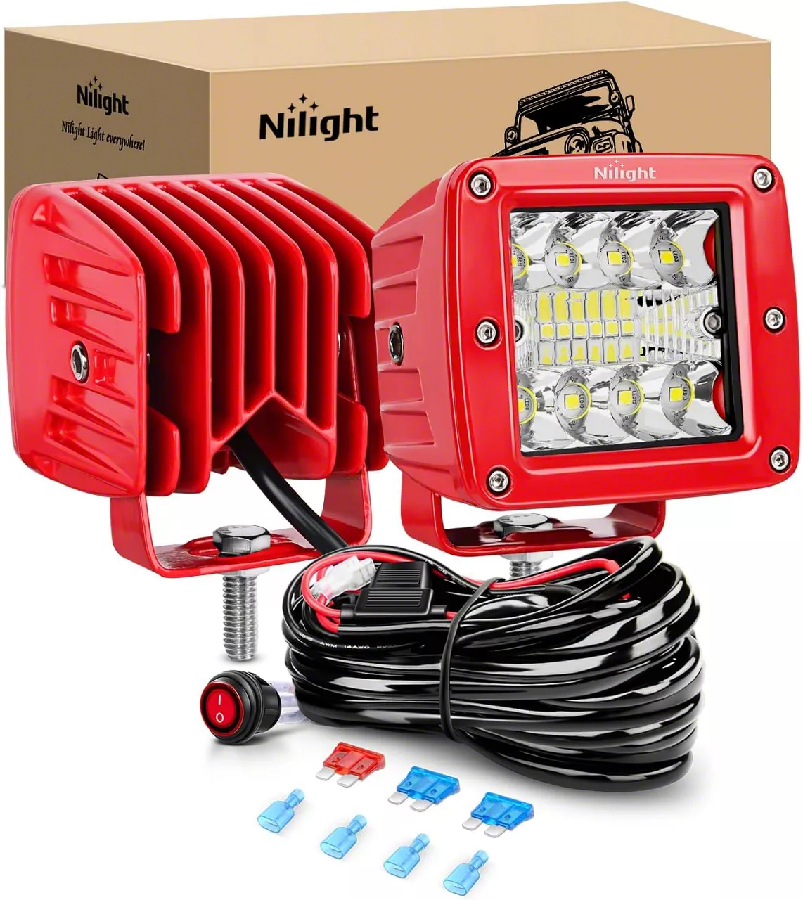 Jeep Wrangler 3-Inch Triple Row LED Cube Lights with Red Shell; Flood ...