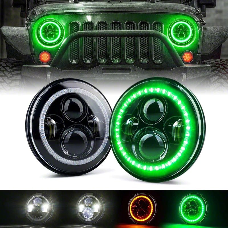 Jeep Wrangler 7-Inch Red Halo LED Headlights; Green Housing; Clear Lens ...