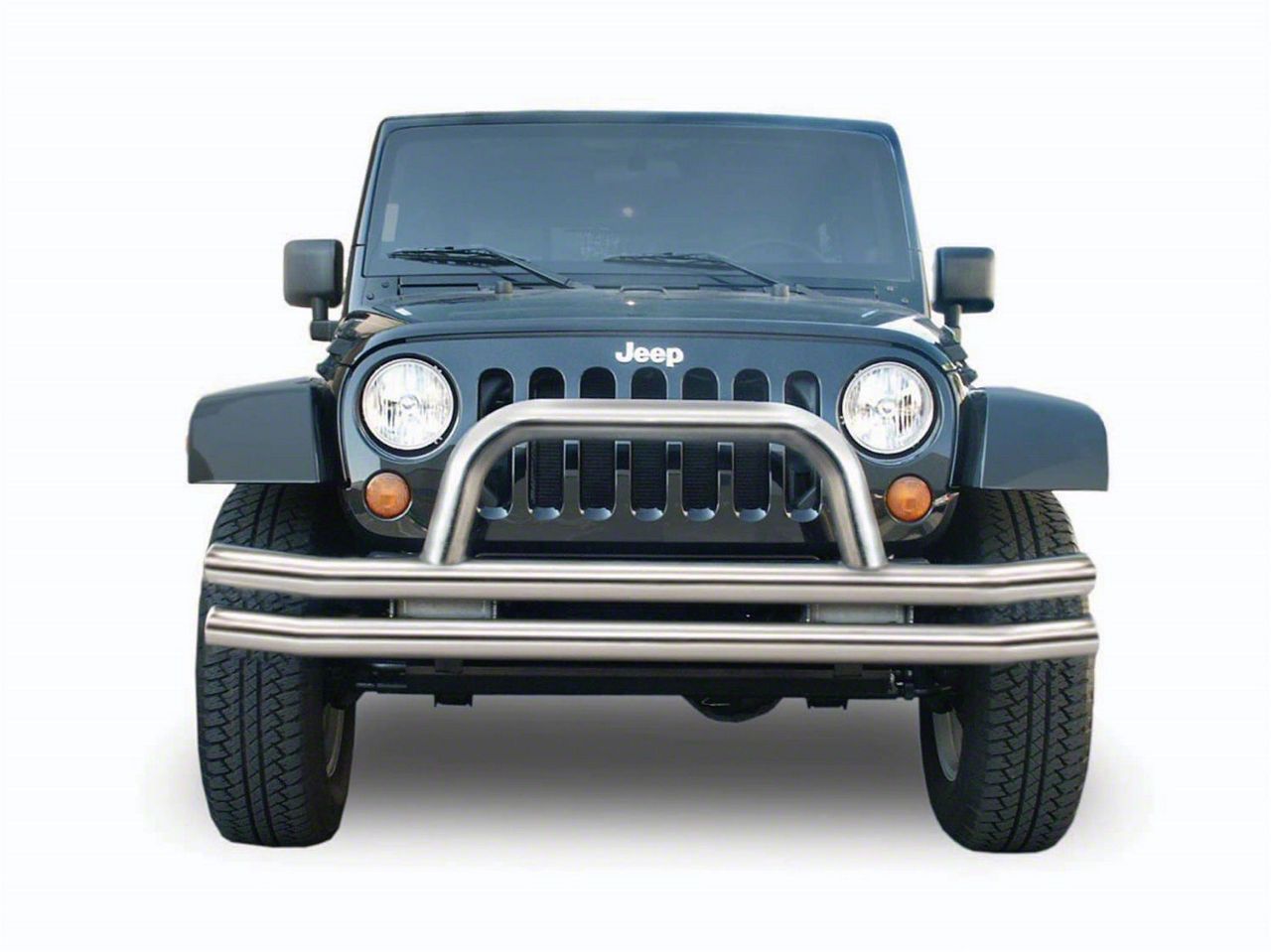 Jeep Wrangler Double Tube Front Bumper with Hoop; Stainless Steel (76 ...