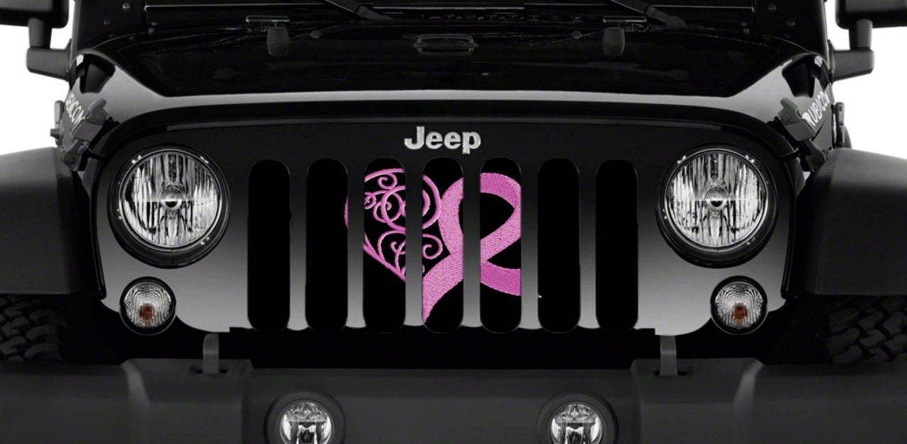 Jeep Wrangler Grille Insert; Center Pink Hearts Breast Cancer Ribbon ...