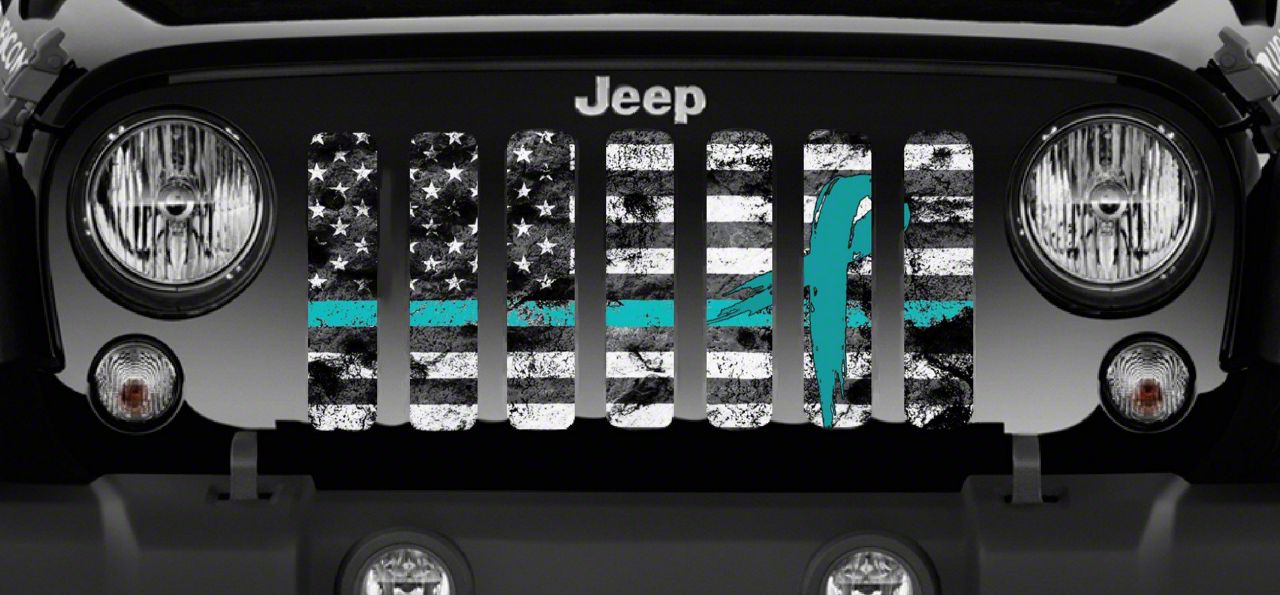 Jeep Wrangler Grille Insert; Teal Ribbon Tactical American Flag (07-18 ...