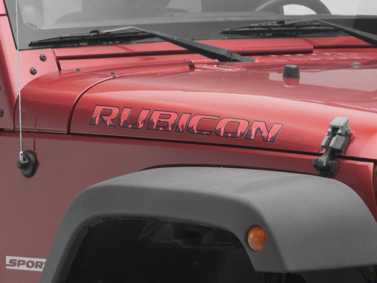 Jeep Wrangler RUBICON Hood Decal; Mountain Red with Black Outline (07 ...