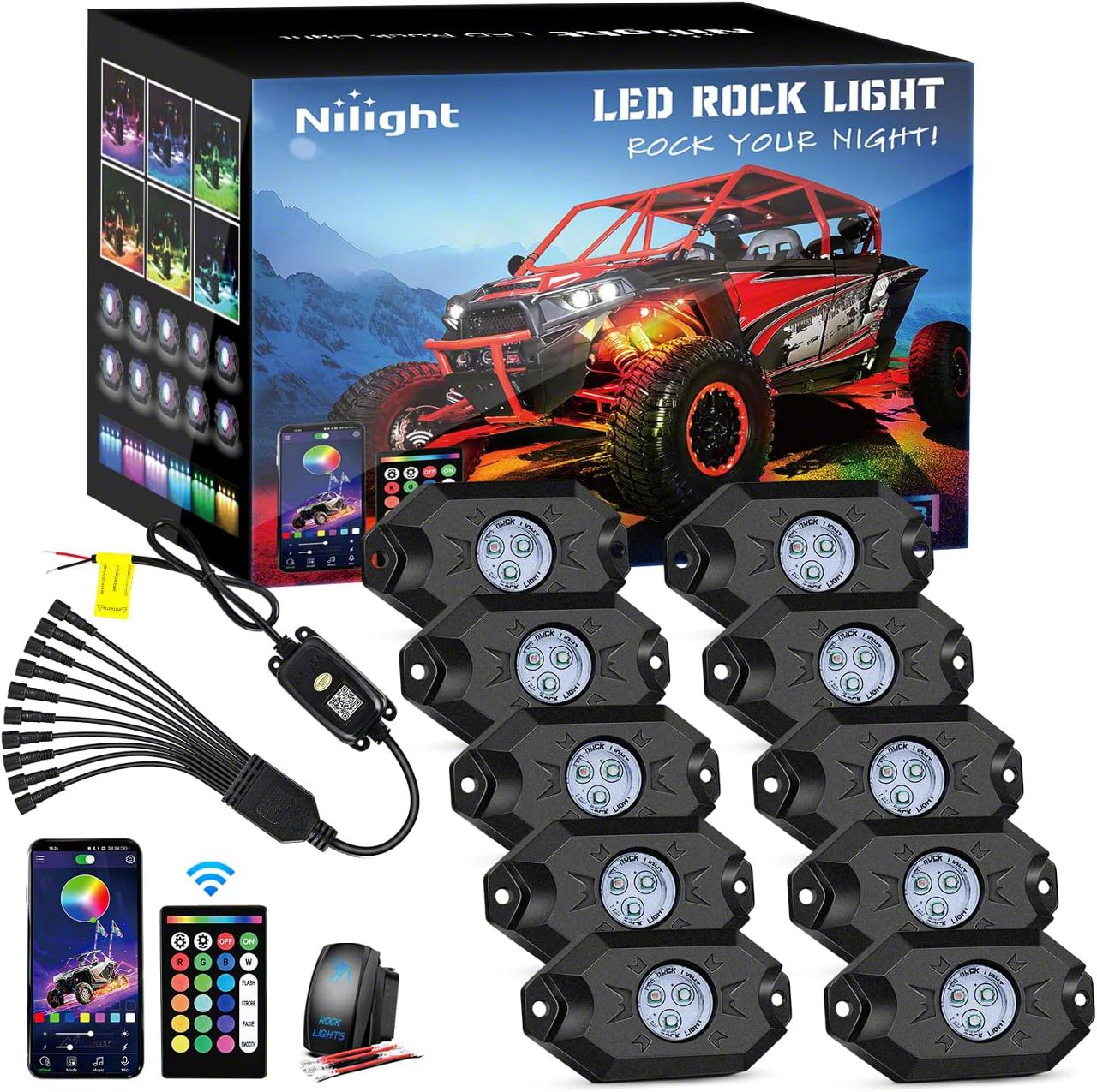 Nilight Jeep Gladiator RGB LED Rock Lights; Set of 10 RL12F (Universal ...