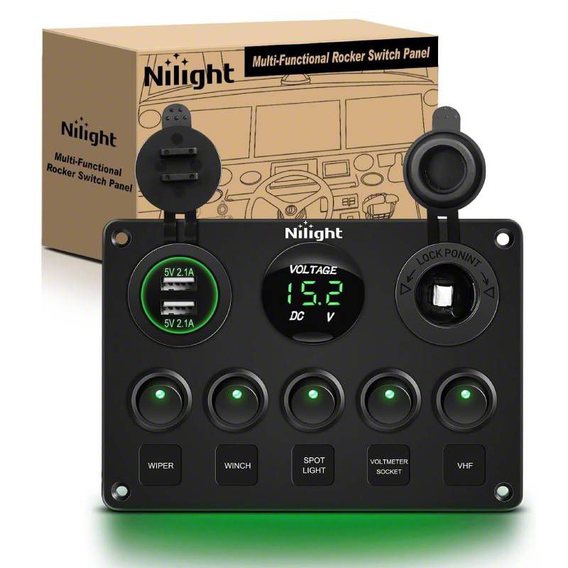 Jeep Wrangler 5-Gang Multi-Function Rocker Switch Panel; Green LED ...