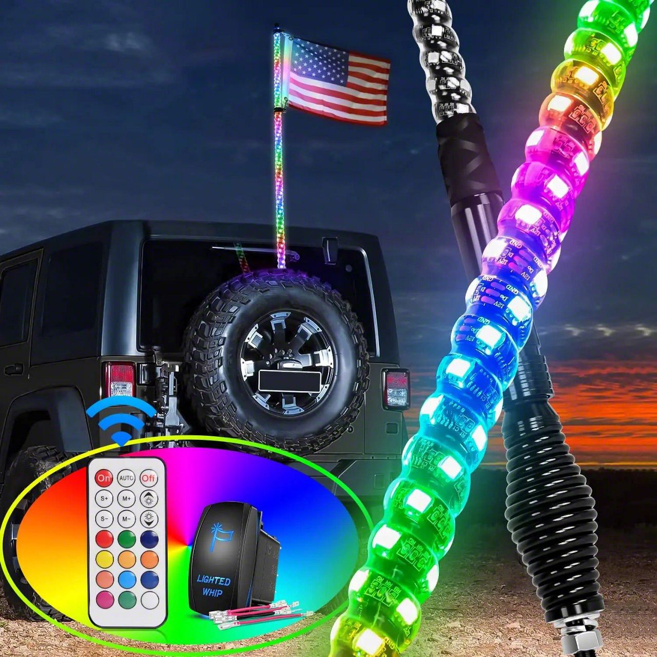 Jeep Wrangler Spiral Antenna RGB LED Whip Light with Spring Base; 4 ...