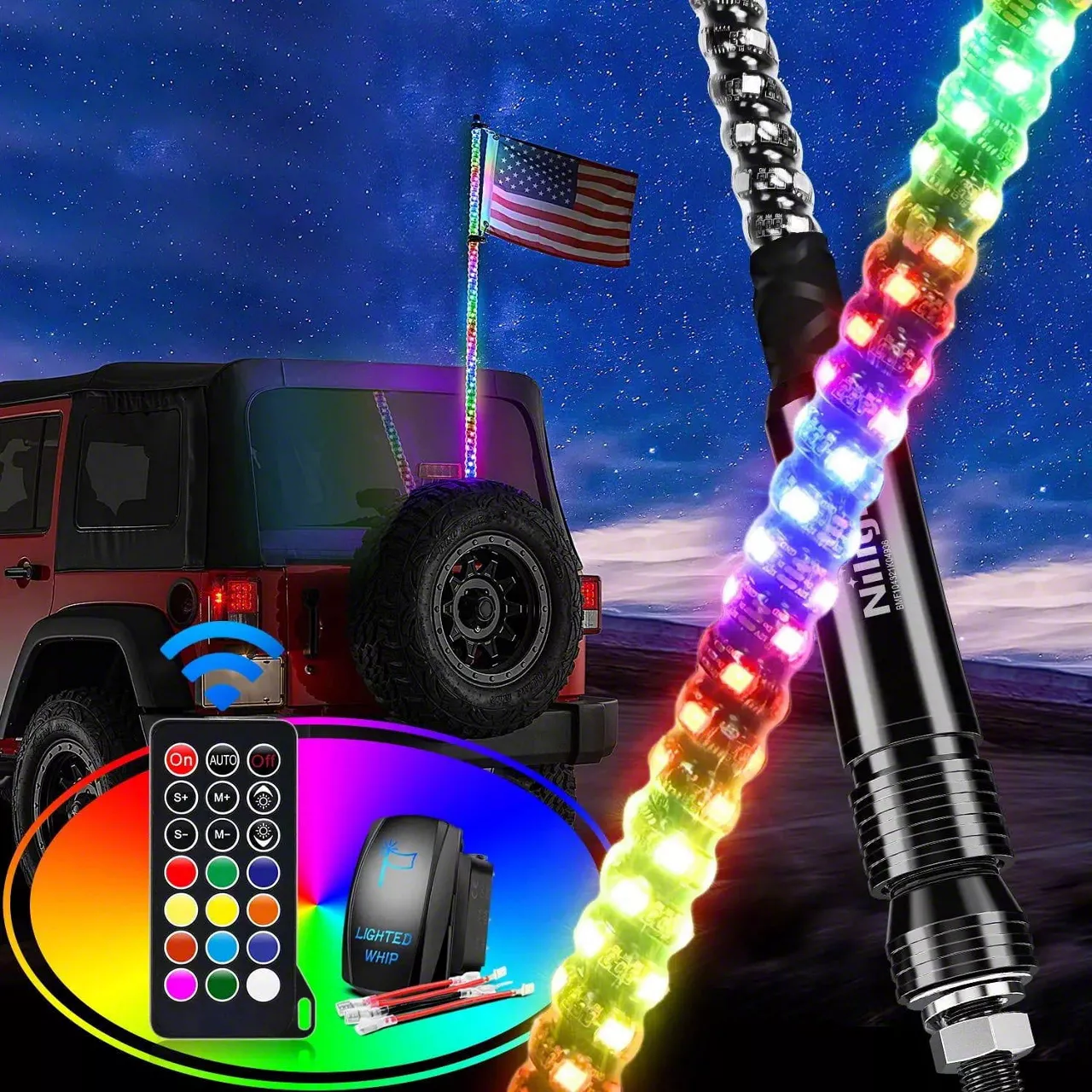 Jeep Wrangler Spiral Antenna RGB LED Whip Lights; 5-Foot (Universal ...