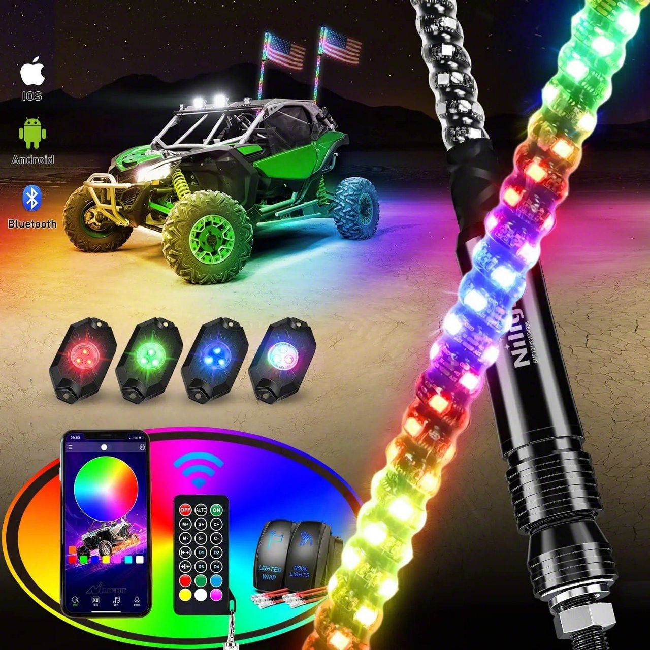 Jeep Wrangler Spiral Antenna RGB LED Whip Lights with RGB Rock Lights ...
