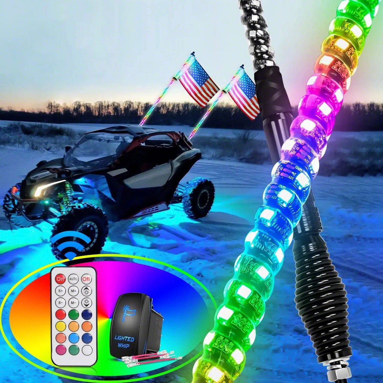Jeep Wrangler Spiral Antenna RGB LED Whip Lights with Spring Base; 6 ...