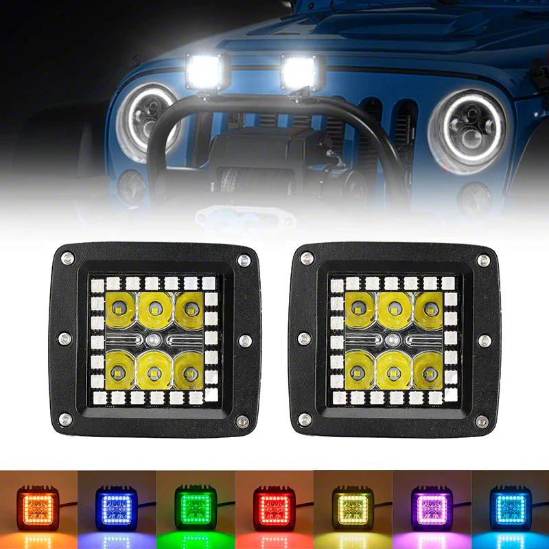 Suparee Jeep Wrangler 3-Inch Square LED Pod Lights with RGB Halo; Spot ...