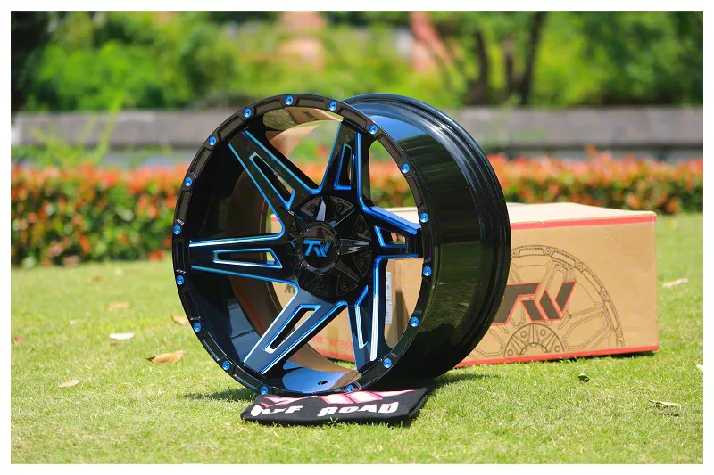 TW Offroad Titan T4 Spin Gloss Black with Blue 6-Lug Wheel; 20x9; 0mm ...