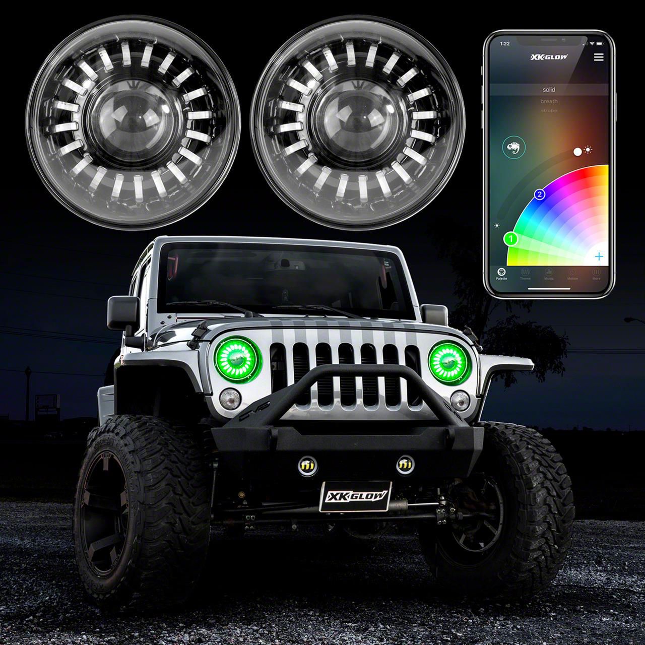 XK Glow Jeep Wrangler 7-Inch RGB LED Headlights with Dual-Mode Dash ...