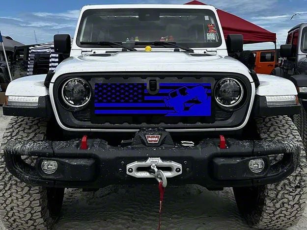 ZKD Customs Jeep Gladiator Grille Insert; Offroad Vehicle Climbing Black and Blue American Flag ...